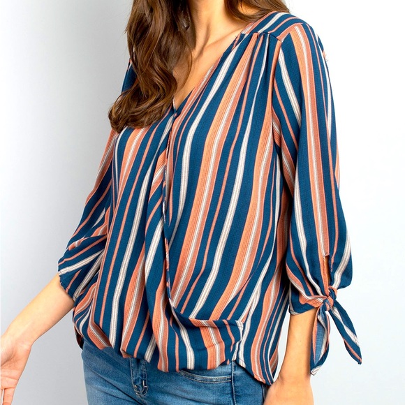 Tops | Women Blouse Vertical Stripes Navy Blue Salmon Size S M L | Poshmark